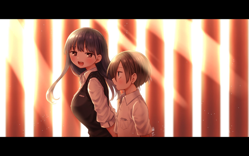 Safebooru - 1boy 1girl black sweater vest blue hair blush boku no kokoro no yabai yatsu brown ...