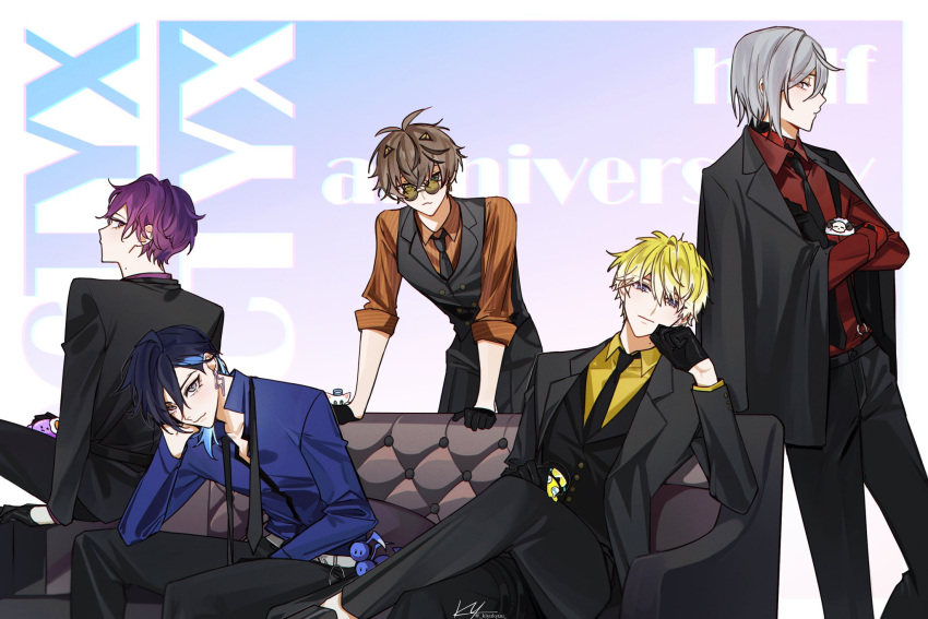 Safebooru - 5boys :3 alban knox anniversary artist name belt black ...