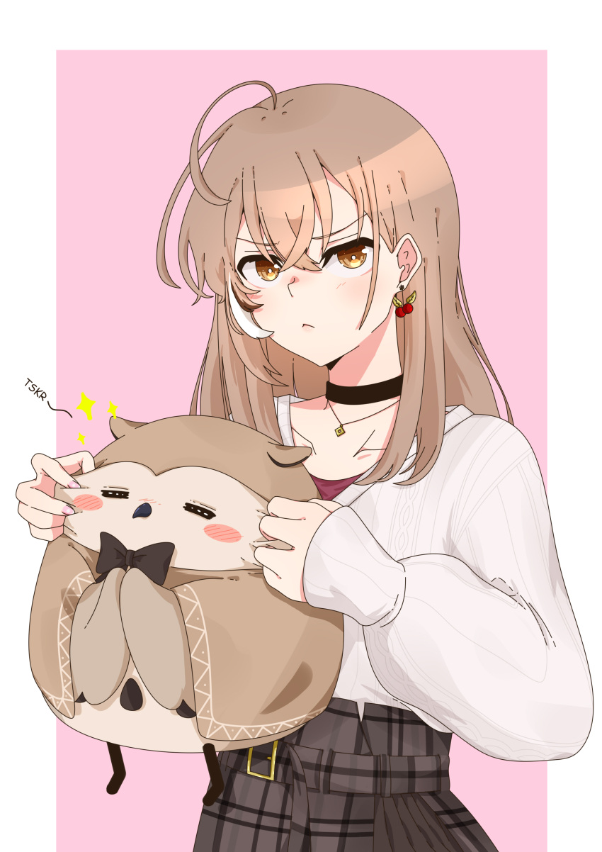 Safebooru - 1girl absurdres ahoge annoyed belt berry bird black choker blush brown capelet brown ...