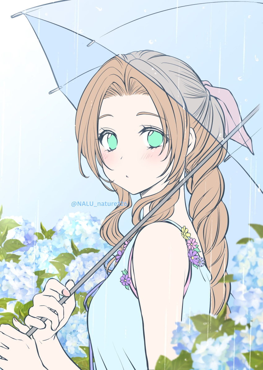 Safebooru - 1girl aerith gainsborough bare shoulders blue flower braid braided ponytail breasts ...