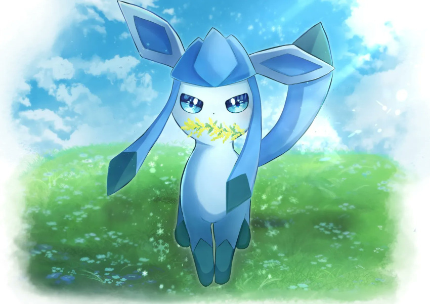 Safebooru - animal animal ears blue eyes blue fur blue sky clouds flower glaceon grass highres ...