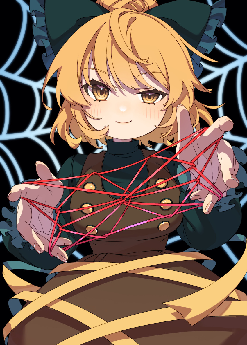 Safebooru - 1girl absurdres black bow black shirt blonde hair bow brown dress closed mouth dress ...