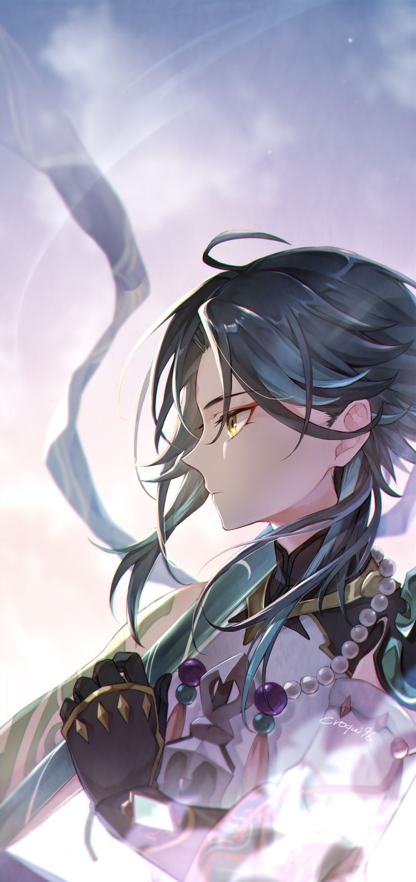 Safebooru - 1boy arm tattoo armor artist name black gloves black hair blue hair closed mouth ...