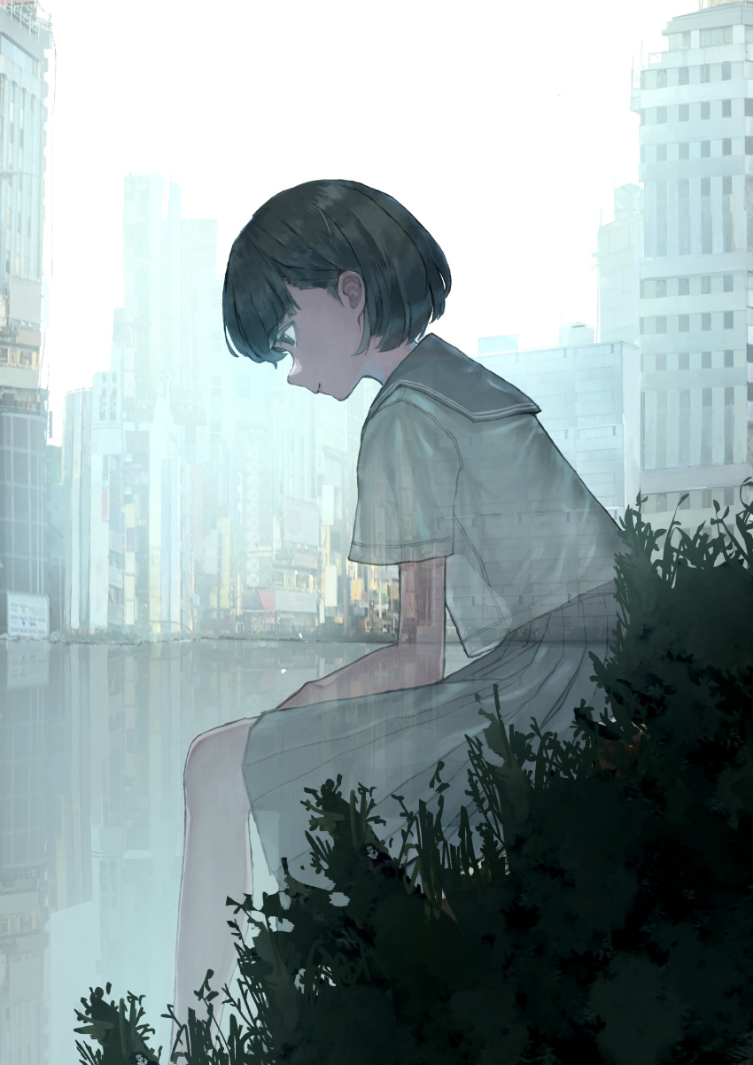 Safebooru - 1girl absurdres black hair blue sailor collar blue skirt blunt bangs bob cut brown ...