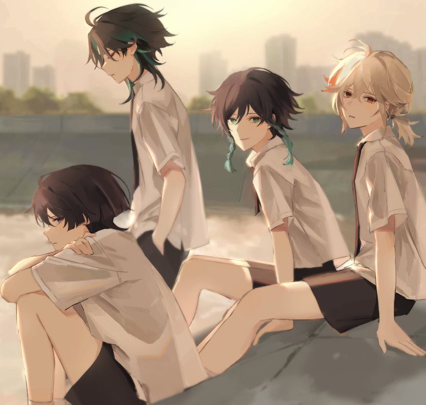 Safebooru - 4boys absurdres alternate costume aqua hair black hair black shorts braid building ...