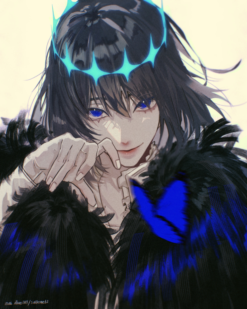 Safebooru - 1boy absurdres arthropod boy black hair blue eyes cape collared shirt crown diamond ...
