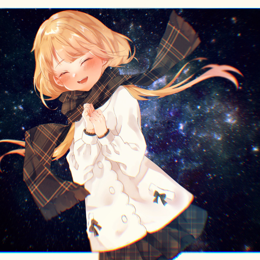 Safebooru - 1girl black scarf black skirt blonde hair blush closed eyes coat cowboy shot enpera ...