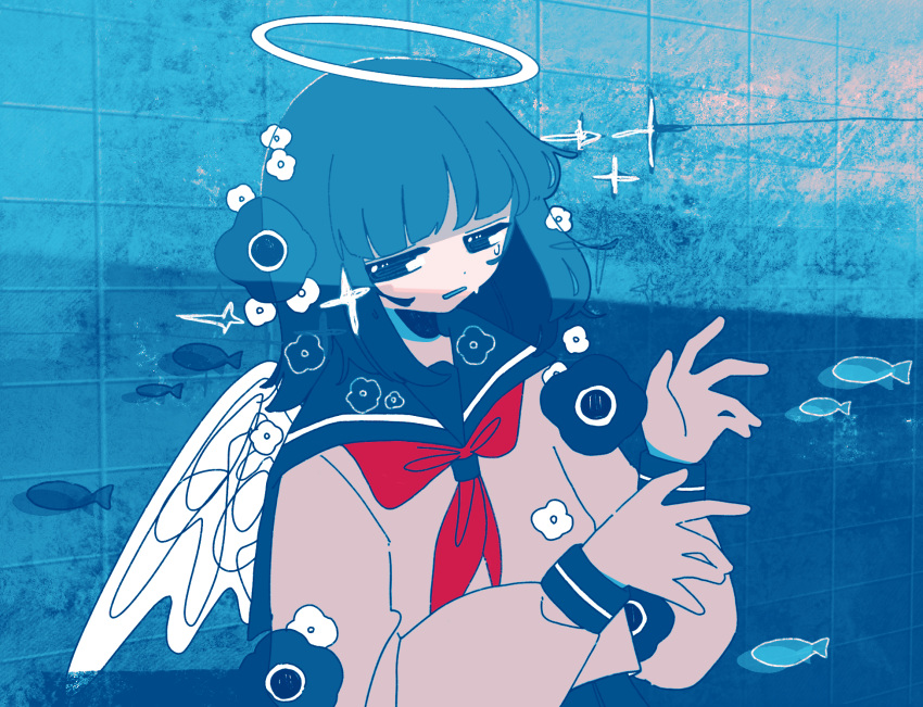 Safebooru - 1girl anemone (flower) black eyes blue flower blue hair blue sailor collar blue ...