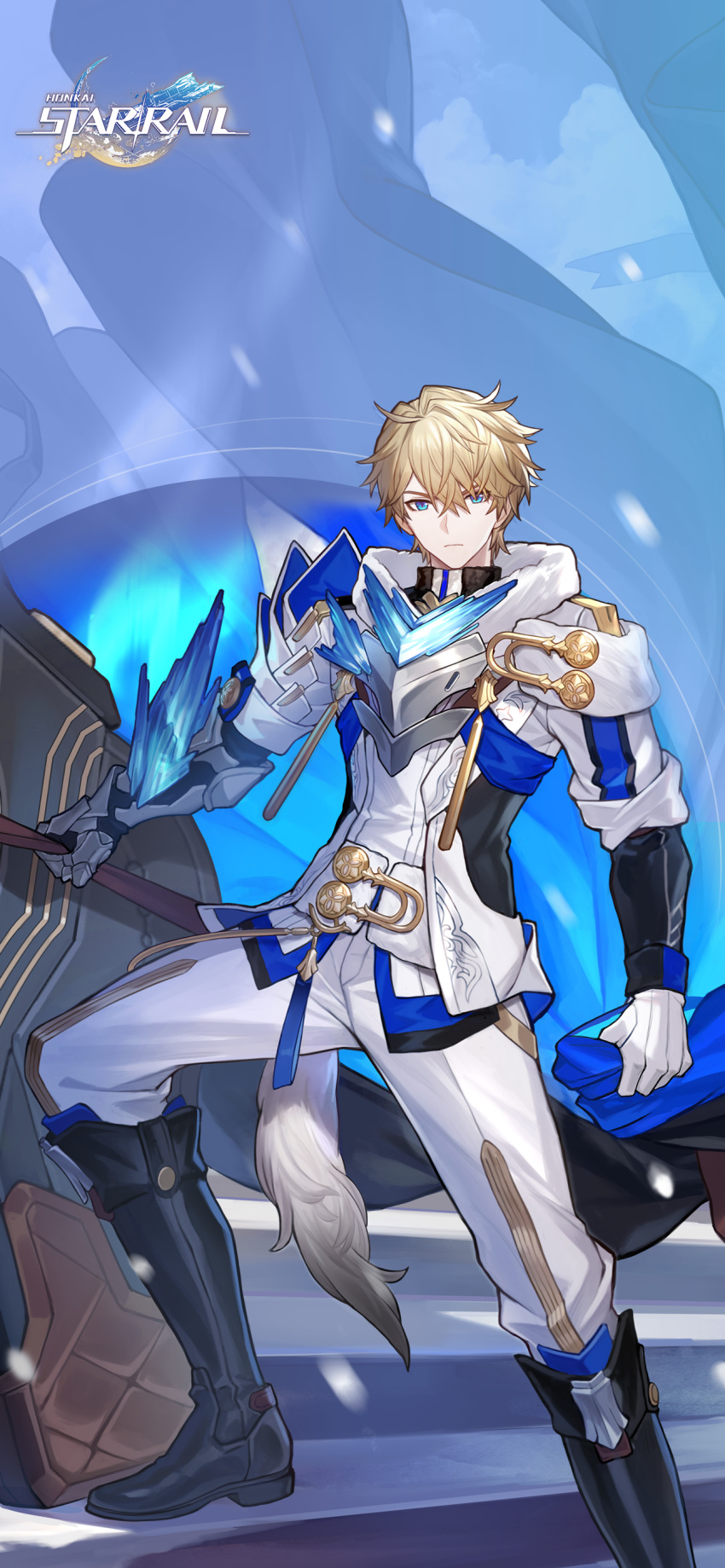 Safebooru - 1boy absurdres armor black footwear blonde hair blue background blue eyes boots ...