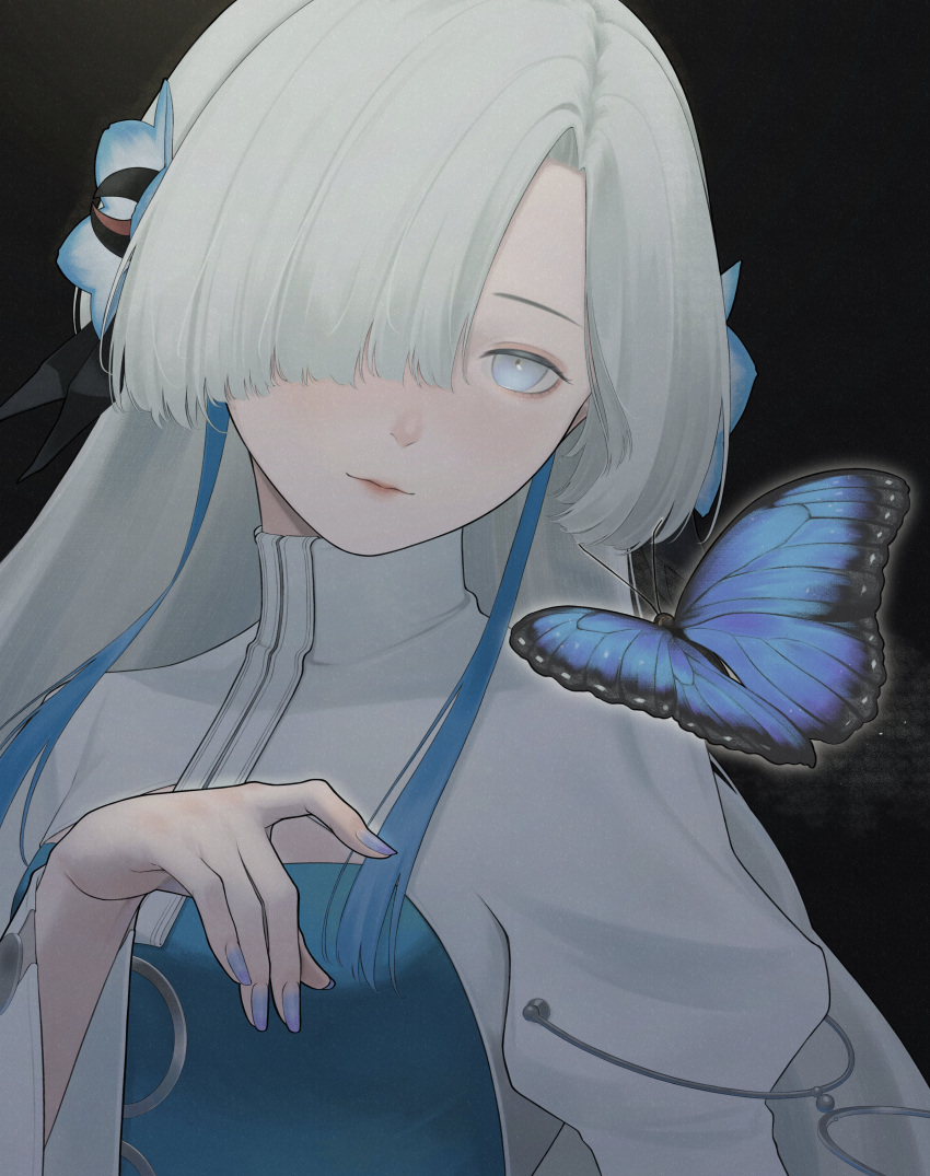 Safebooru - 1girl absurdres black background blue butterfly blue dress blue eyes blue flower ...