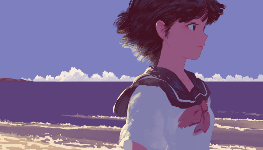 Safebooru - 1girl bangqiao yan beach black hair black sailor collar blue sky brown eyes clear ...