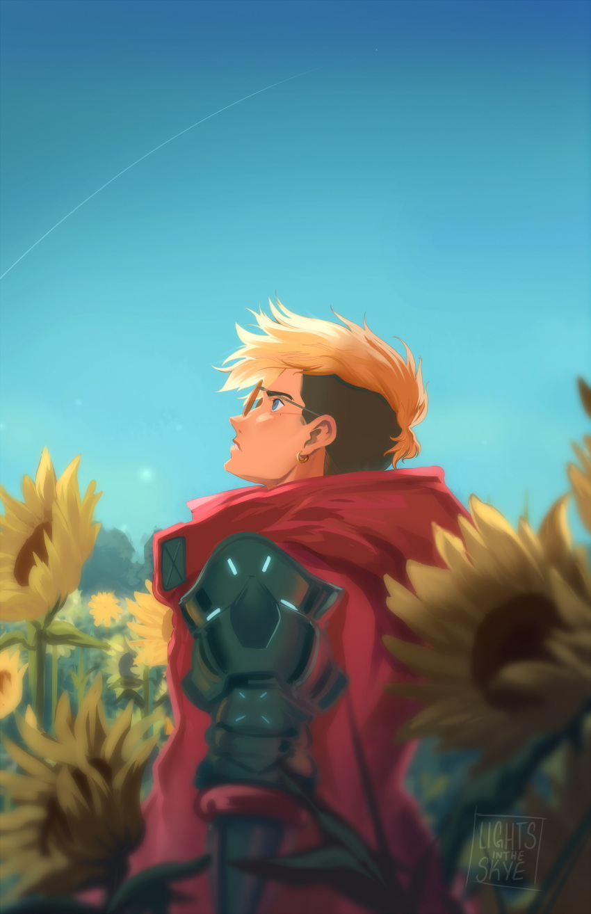 Safebooru - 1boy absurdres artist name black hair blonde hair blue background blue eyes contrail ...