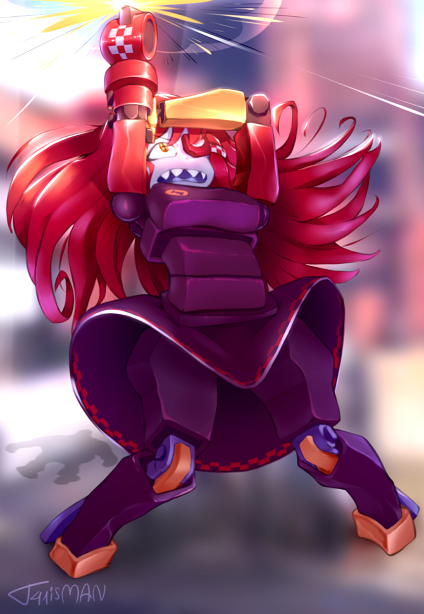 Safebooru - 1girl aiming up alarm siren arm cannon artist name black ...