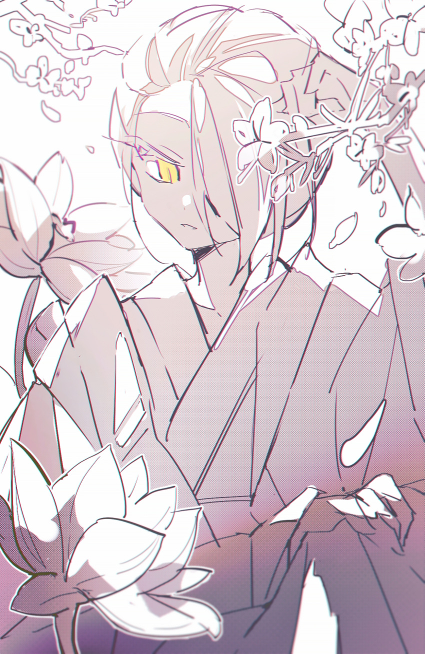 Safebooru - 1boy flower gabimaru hair over one eye halftone hand in own ...