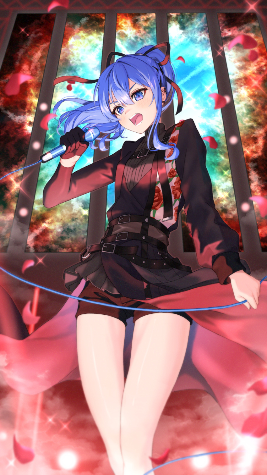 Safebooru - 1girl bare legs belt black belt black shirt black shorts black skirt blue eyes ...