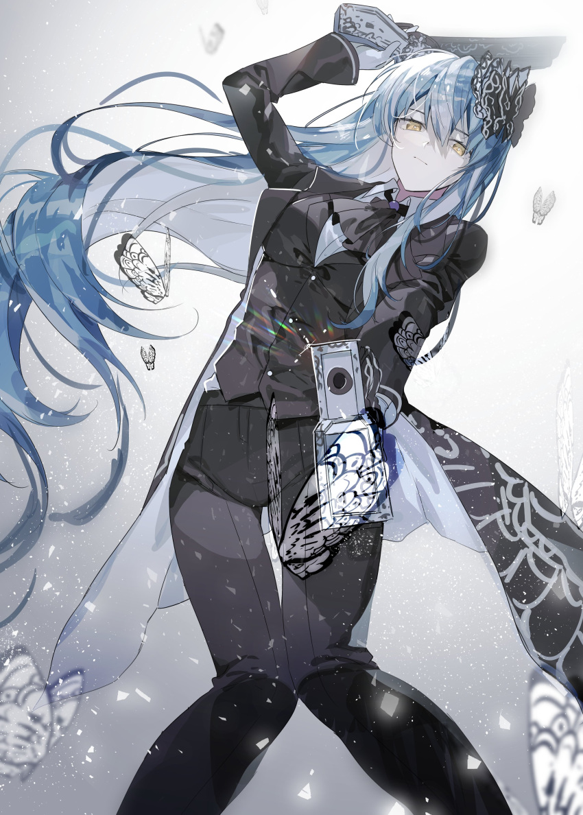 Safebooru - 1girl absurdres angela (project moon) animal print arm up black coat black pants ...