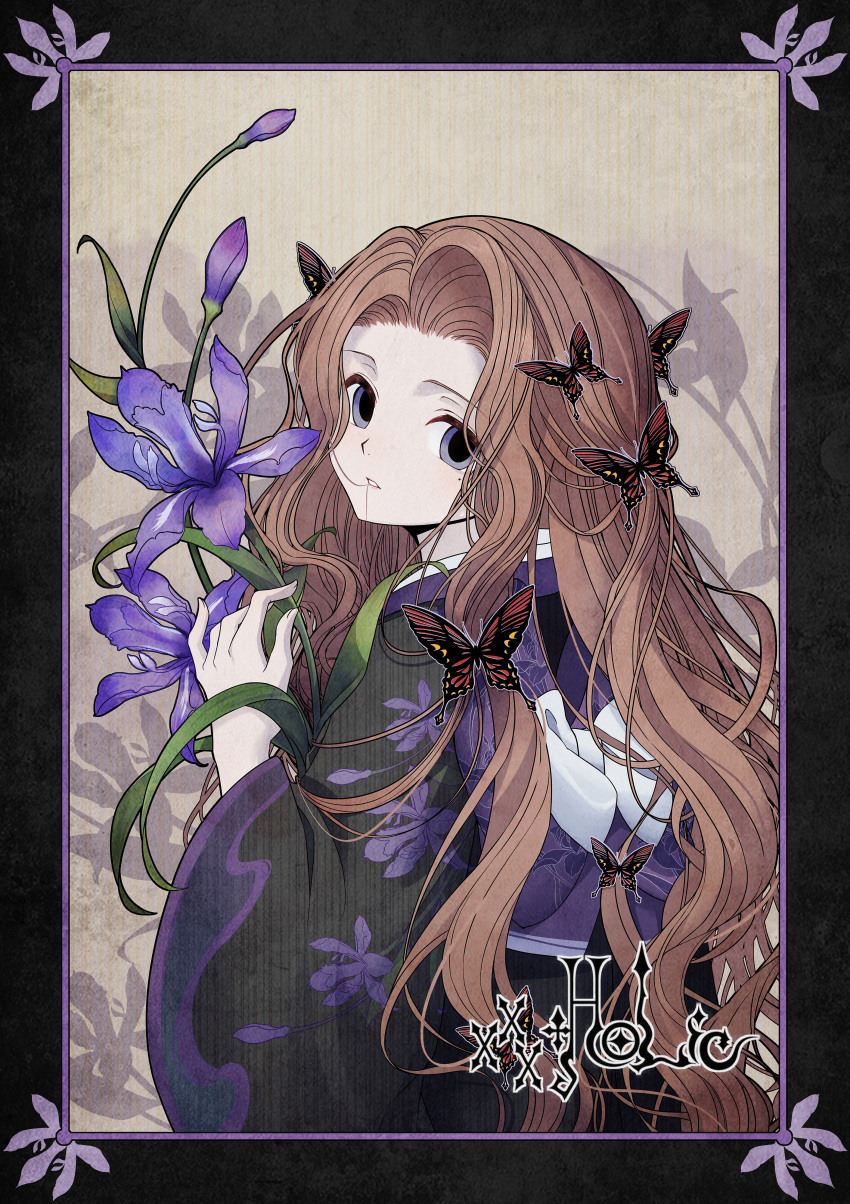 Safebooru - 1girl absurdres black border black kimono border brown hair bug butterfly clamp ...