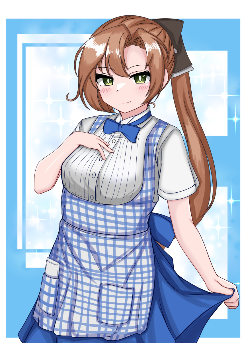 Safebooru - 1girl absurdres akigumo (kancolle) alternate costume apron blue apron blue ribbon ...