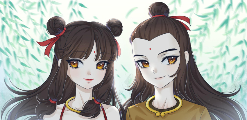 Safebooru - 1boy 1girl bare shoulders black hair blunt bangs blurry blurry background brother ...