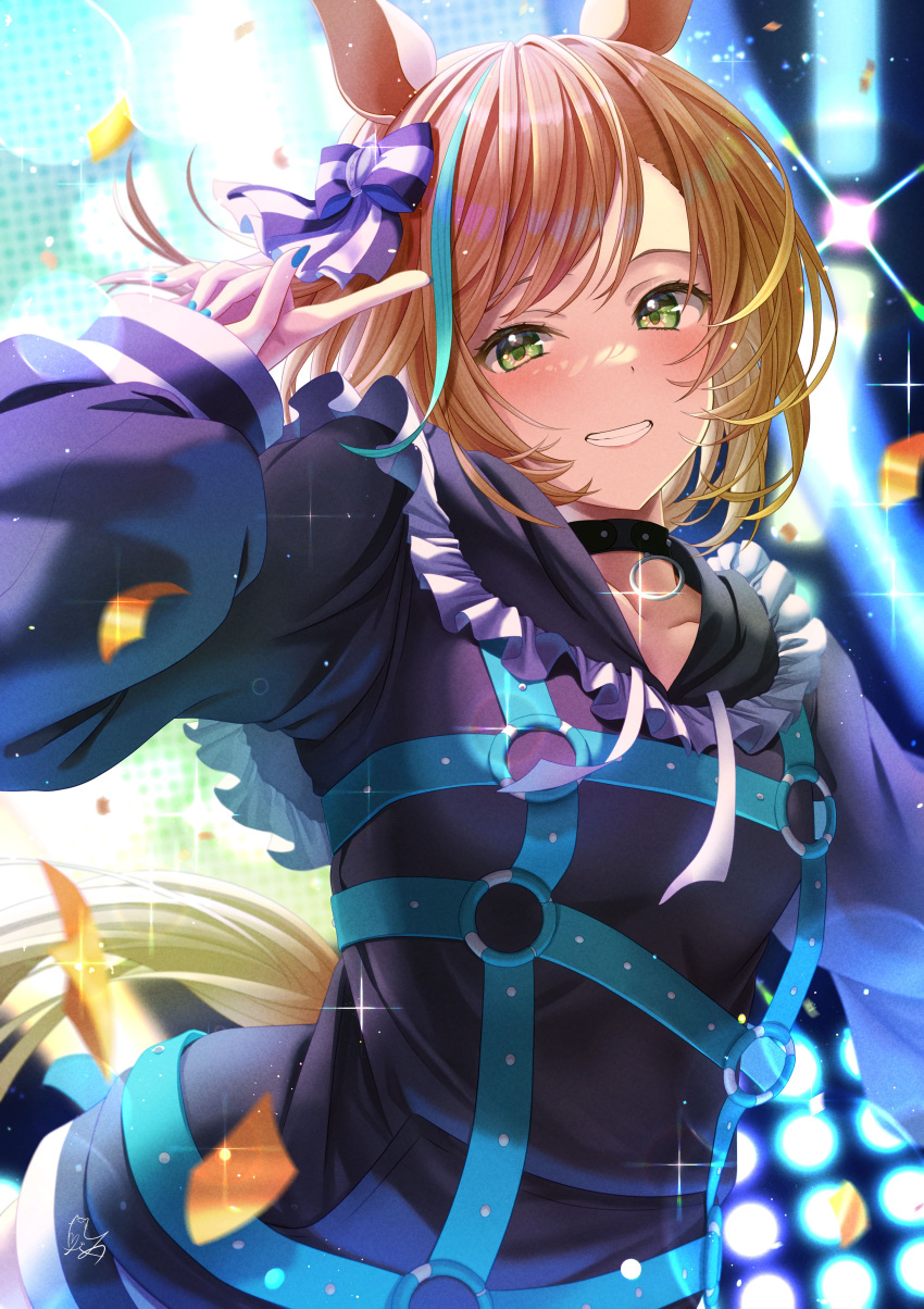 Safebooru - 1girl absurdres animal ears black collar black shirt blonde hair blue nails bow ...