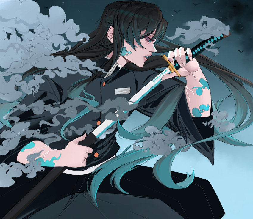 Safebooru - 1boy absurdres black hair black kimono blue eyes blue hair ...