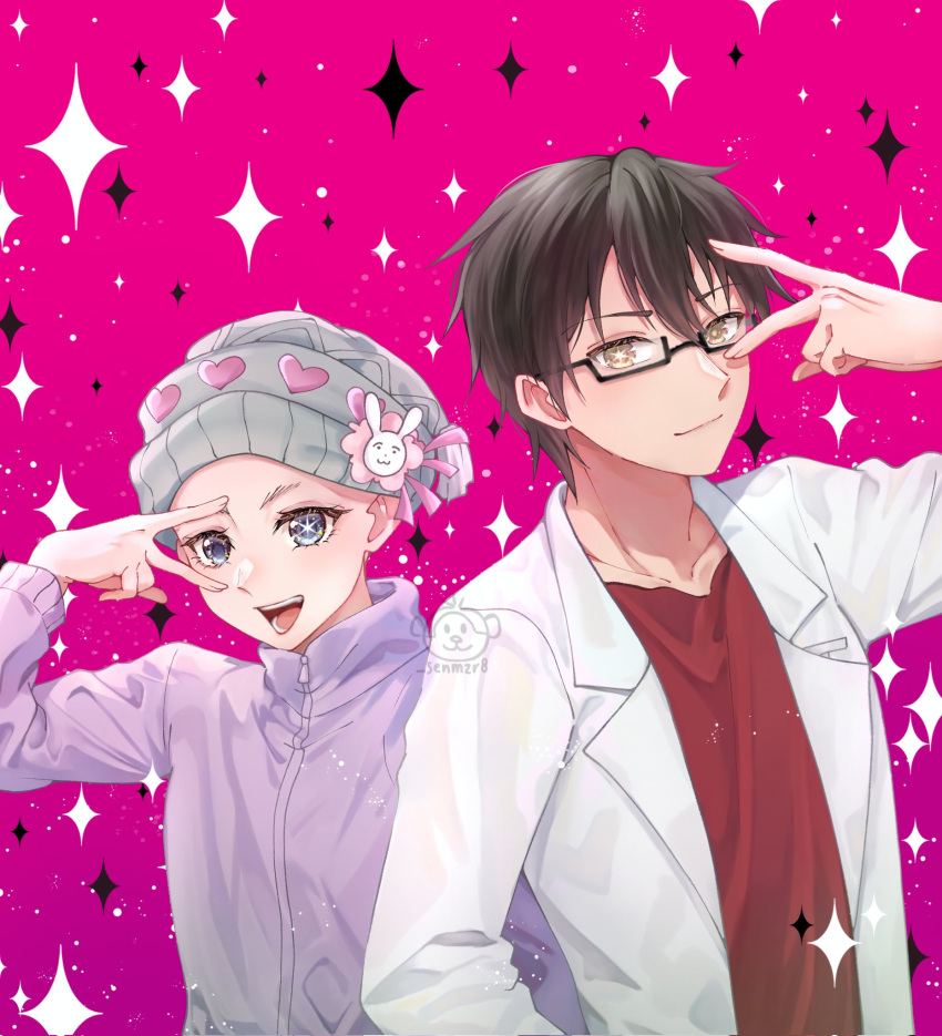 Safebooru - 1boy 1girl amamiya gorou bald beanie black hair brown eyes collared jacket doctor ...