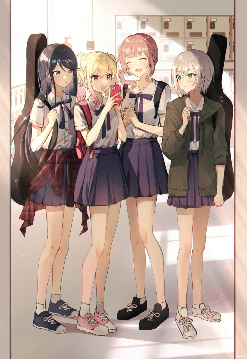 Safebooru - 4girls :d :o absurdres backpack bag black footwear black ...