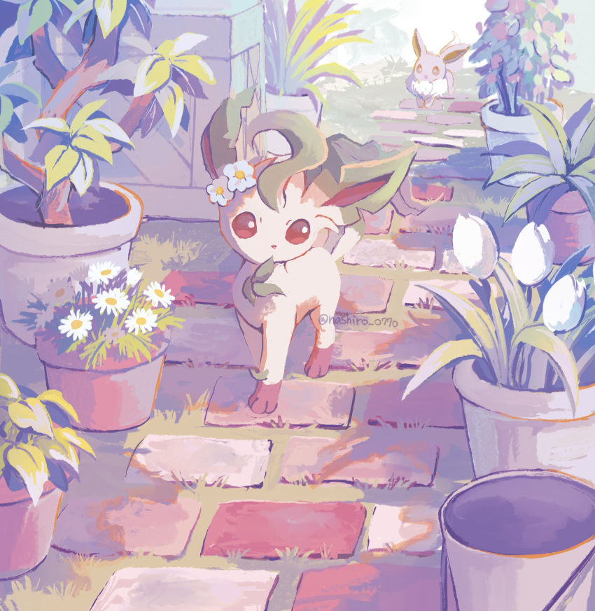 Safebooru - bright pupils brown eyes commentary request day eevee flower grass highres leafeon ...