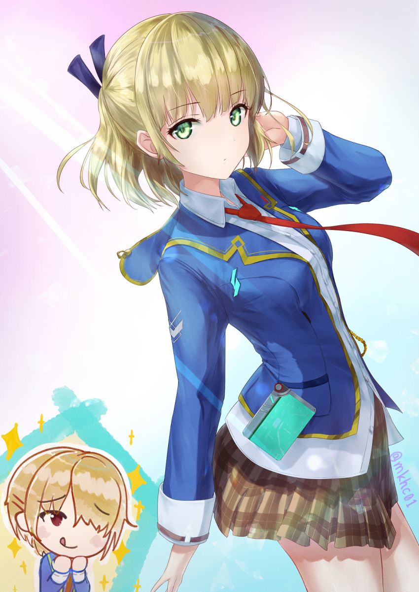 Safebooru - black bow blonde hair blue jacket bow cosplay costume switch green eyes hair bow ...