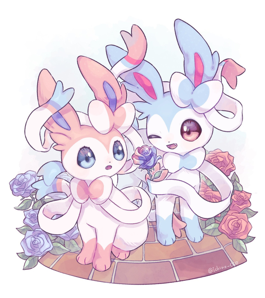 Safebooru - ;d alternate color blue eyes commentary request fang flower ...