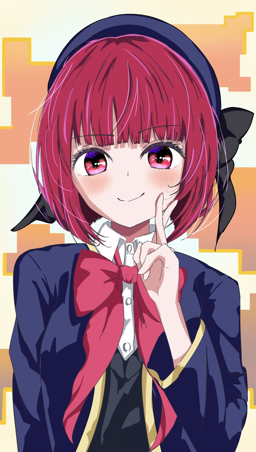 Safebooru - 1girl absurdres arima kana beret black bow black vest blue headwear blue jacket ...