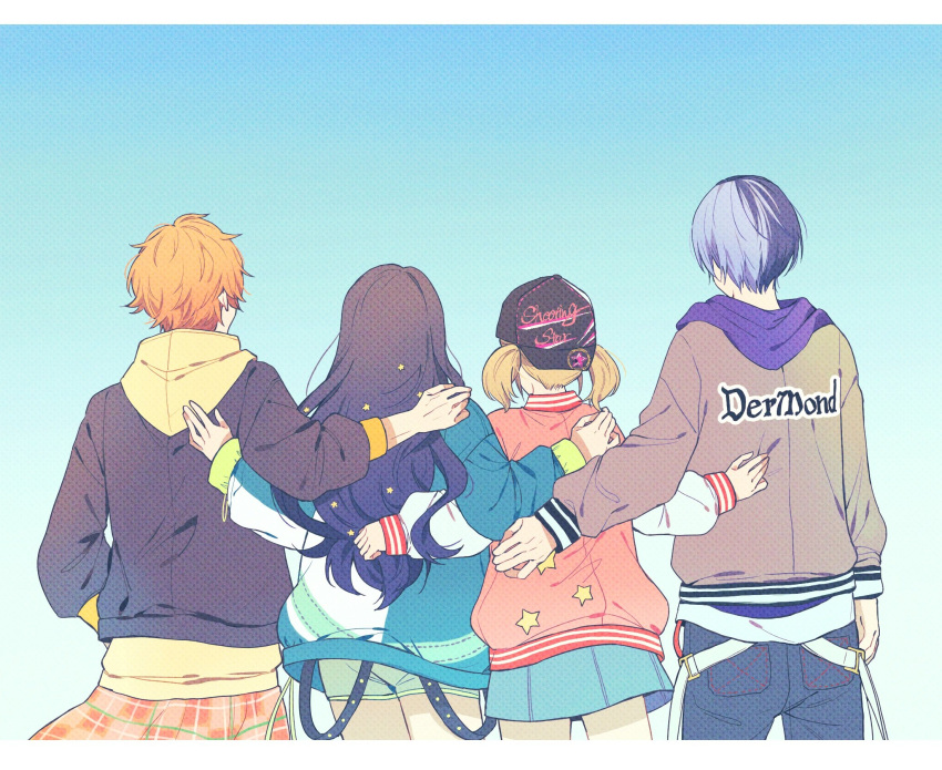 Safebooru - 2boys 2girls aoyagi touya azusawa kohane back baseball cap black hair blue hair ...