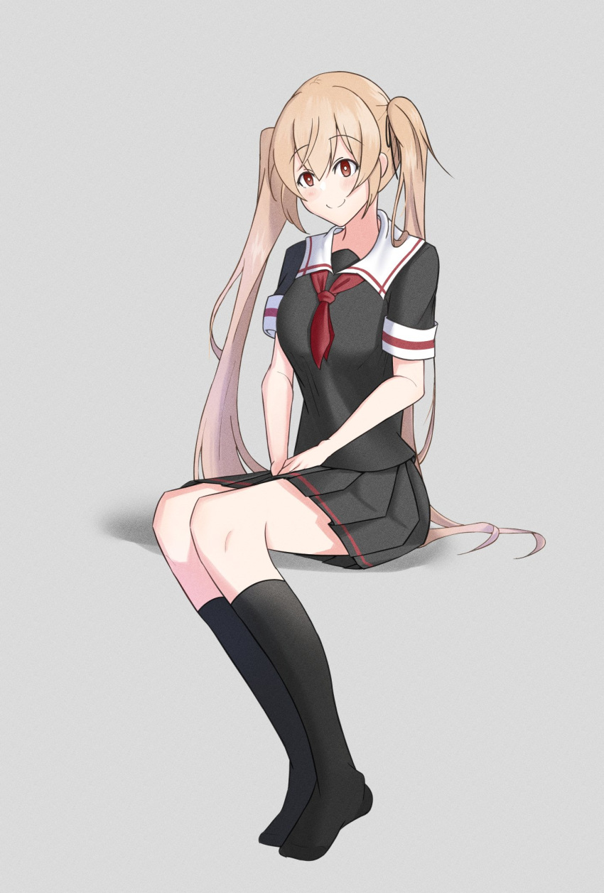 Safebooru 1girl Black Skirt Black Socks Brown Eyes Hand On Own Thigh 3044