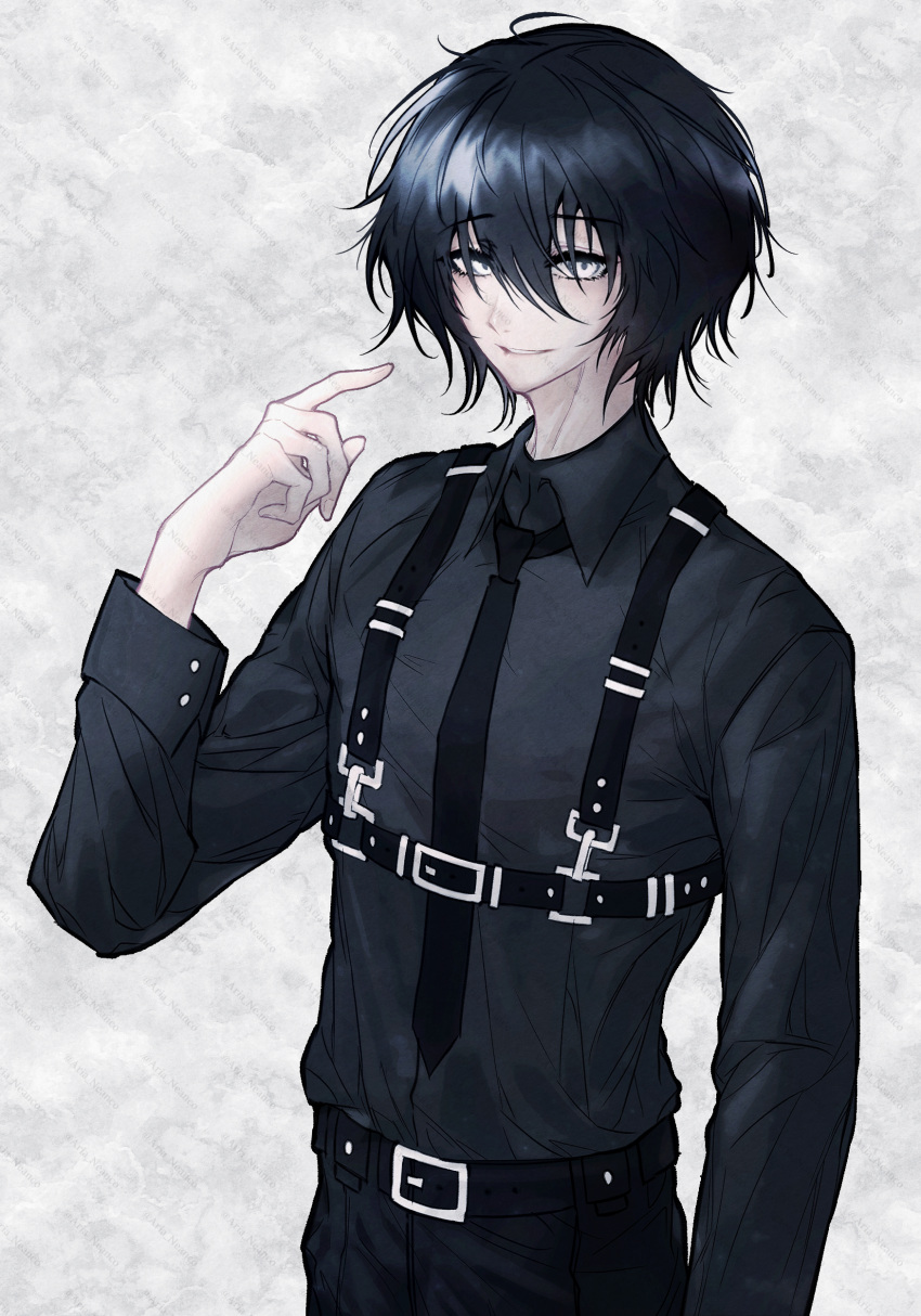 Safebooru - 1boy absurdres arianeanco black hair black necktie black pants black shirt highres ...