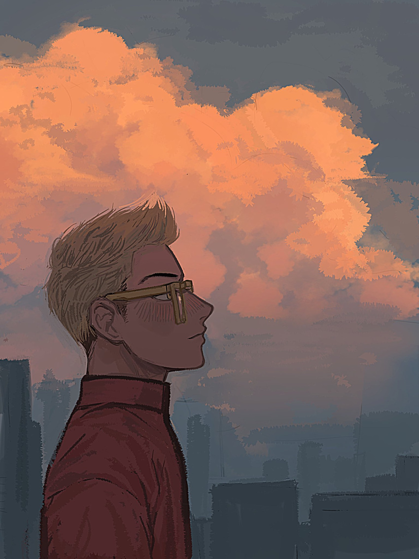 Safebooru - 0120moebius 1boy blonde hair dusk glasses highres looking up solo tetta kisaki ...