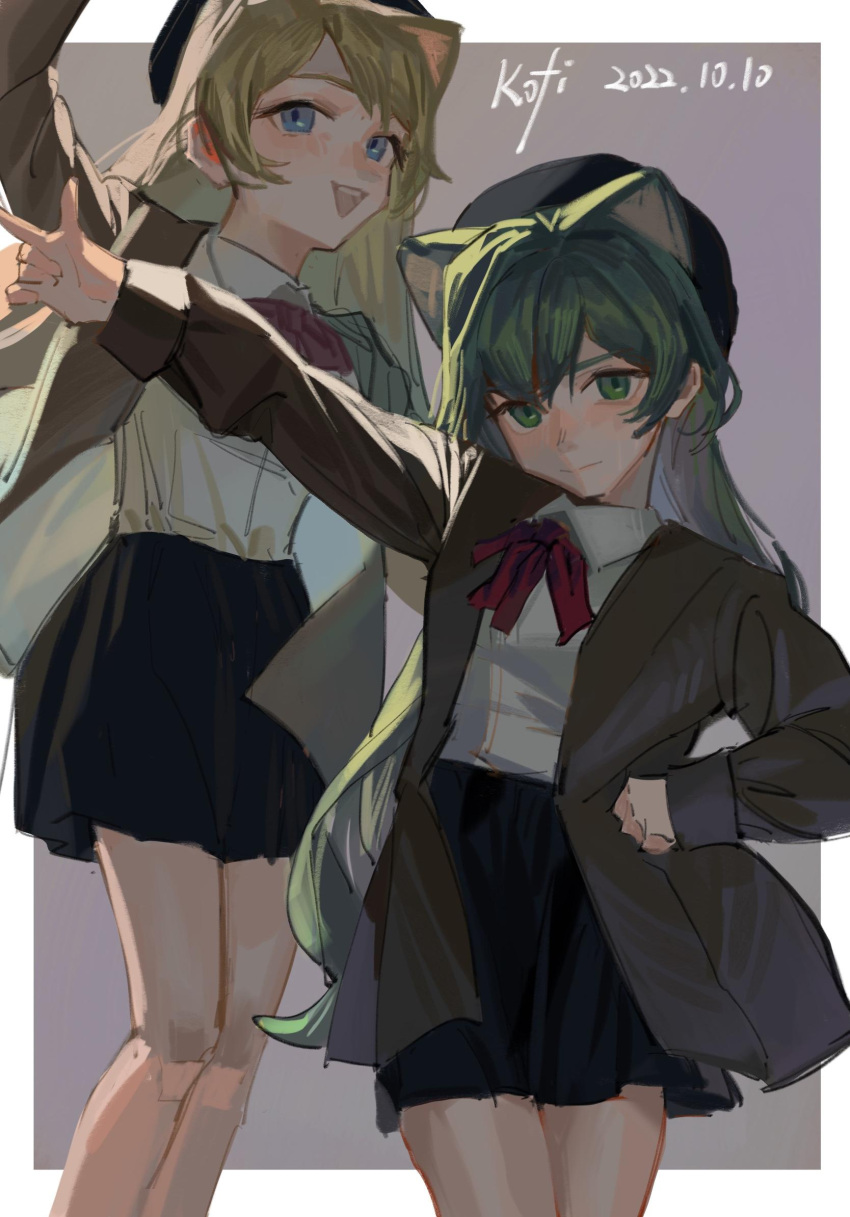 Safebooru - 2girls :d animal ears arm up artist name backlighting beret black headwear black ...