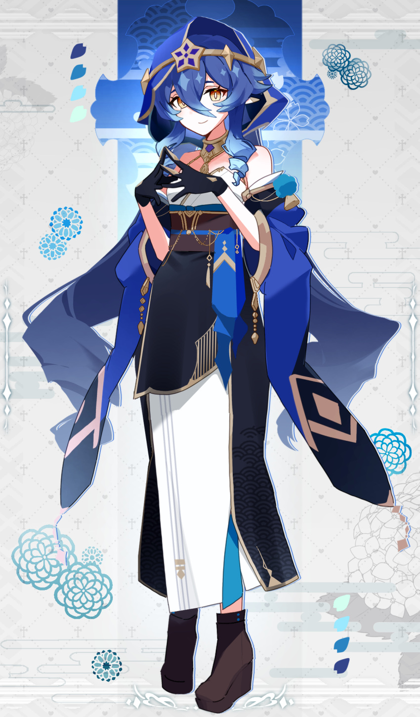 Safebooru - 1girl bare shoulders black gloves black skirt blue hair blue hood boots bright ...