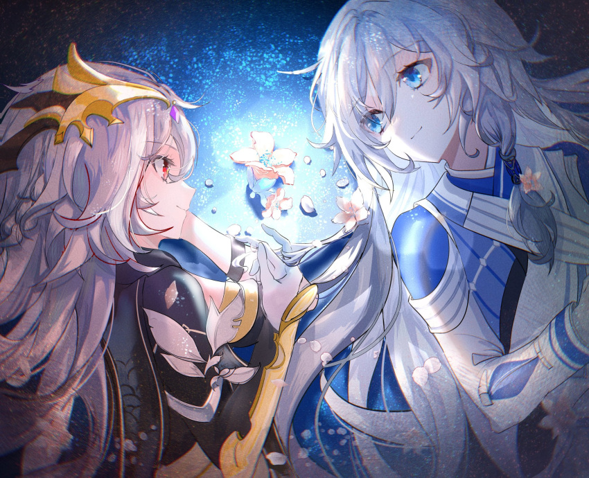 Safebooru - 2girls armor baigeo black background blue background blue ...