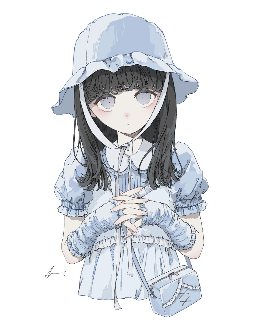 Safebooru - 1girl absurdres arm warmers bag black hair blue eyes blue headwear blue shirt blush ...