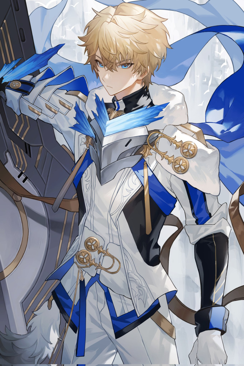Safebooru - 1boy armor blonde hair blue eyes blue scarf closed mouth gepard landau gloves ...