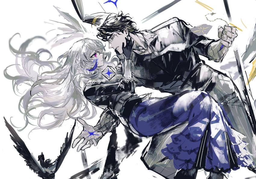 Safebooru - 1boy 1girl absurdres belt bird black belt black gloves black hair black shirt blue ...