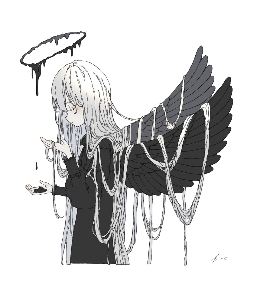 Safebooru - 1girl angel angel wings black dress black halo black wings closed eyes dress ...