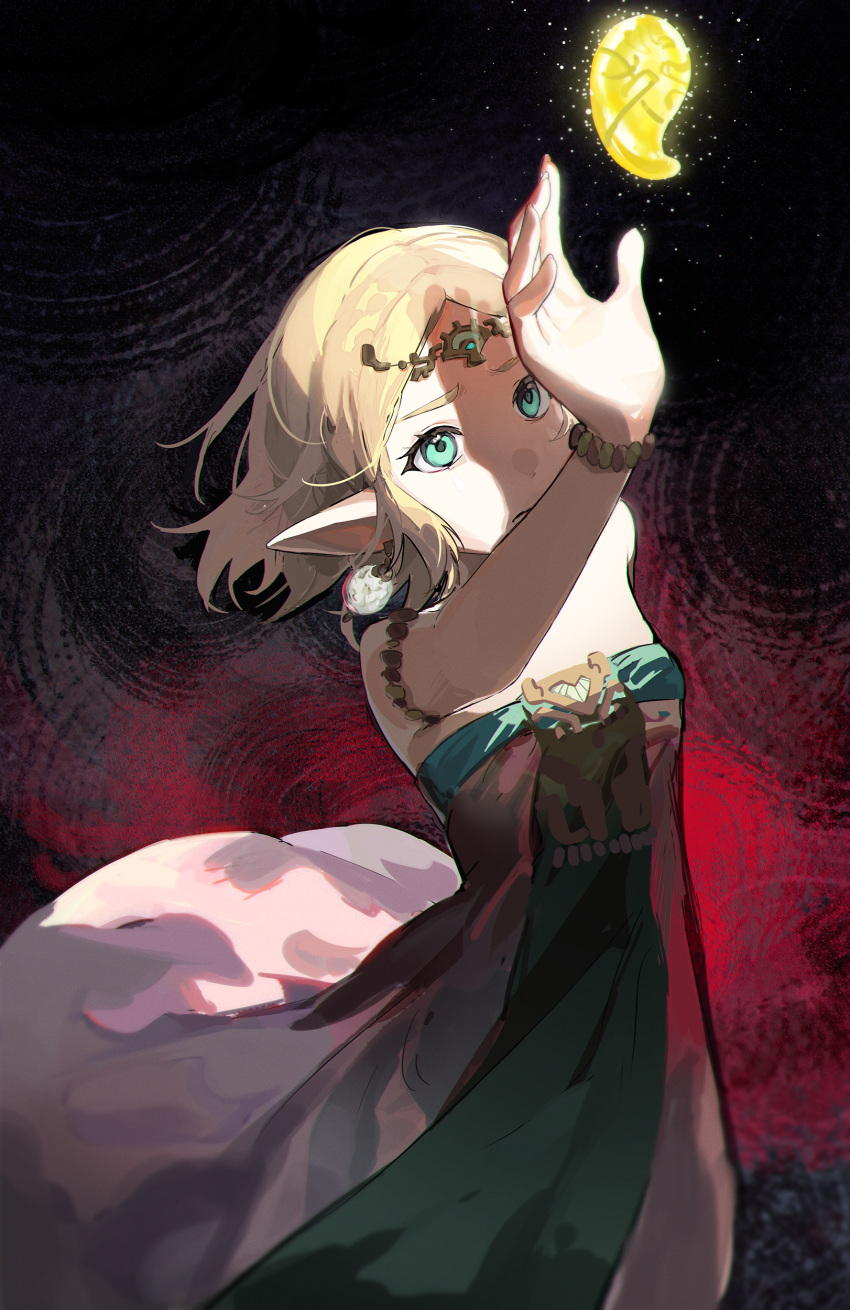 Safebooru - 1girl absurdres aqua eyes arm up armlet bare shoulders black background blonde hair ...