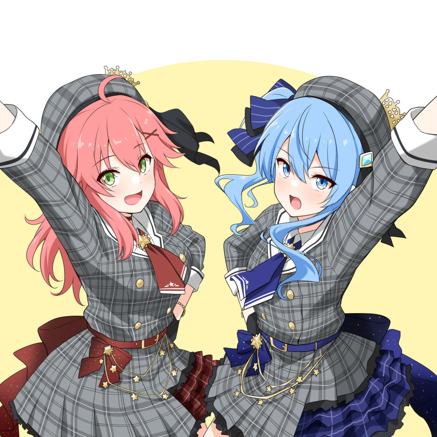 Safebooru - 2girls arm up ascot back bow beret blue ascot blue eyes blue hair blue ribbon bow ...