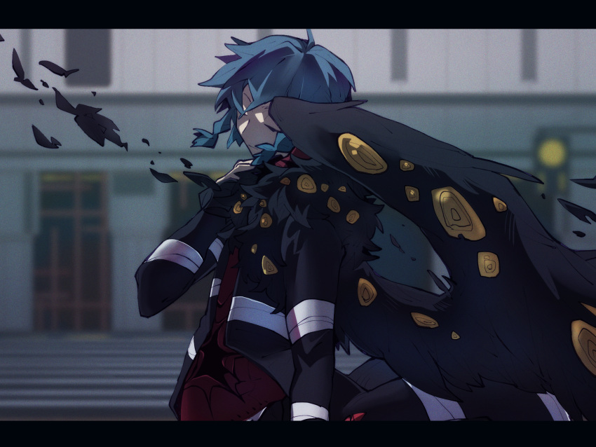 Safebooru - 1boy bandages black coat blue hair chinese commentary closed eyes closed mouth coat ...