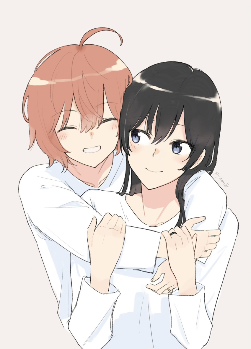 Safebooru - 2girls ahoge black hair blue eyes closed eyes hair between ...