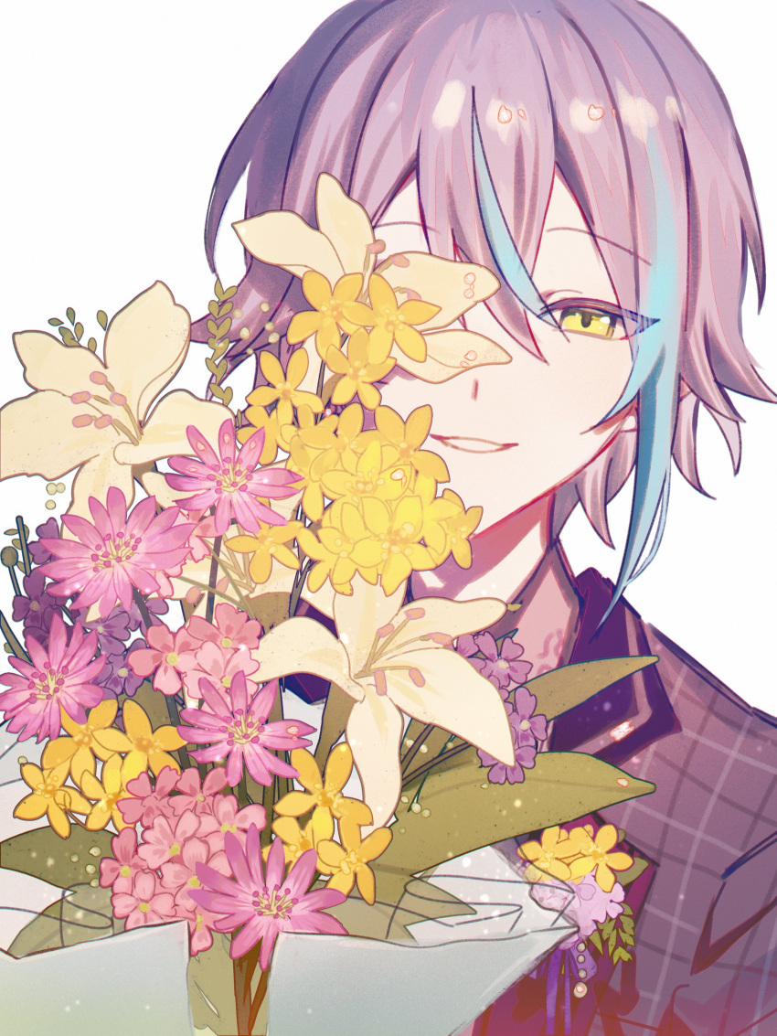 Safebooru - 1boy absurdres aqua hair bouquet commentary flower hair ...