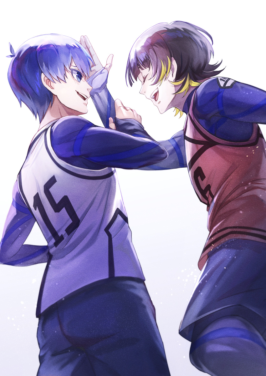 Safebooru - 2boys absurdres arm grab bachira meguru black hair blonde hair blue eyes blue hair ...