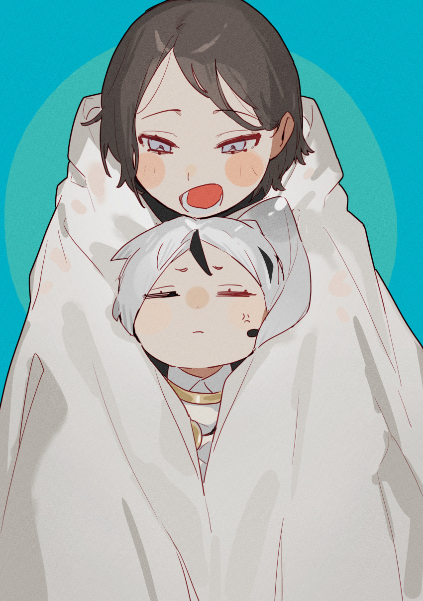 Safebooru - 1boy 1girl absurdres anger vein annoyed blue background blush brown hair cape closed ...