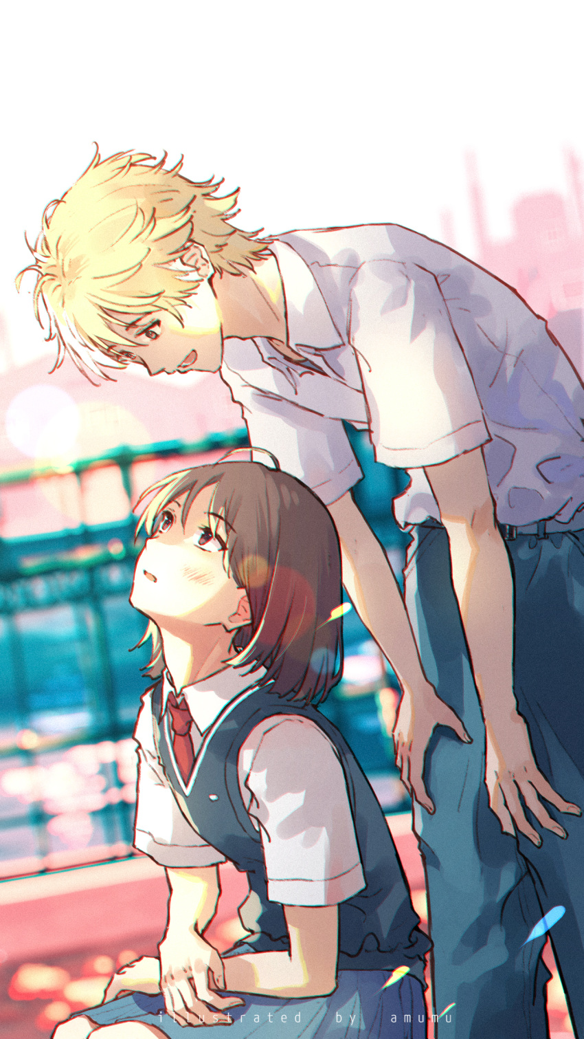 Safebooru - 1boy 1girl artist name blue pants blue skirt blurry blurry background blush brown ...